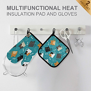 Oven Mitt Pot Holder Set Colorful Cute Cat Fishbone Pattern Heat Resistant Quilted Oven Glove Kitchen Hot Pad for Cooking Grilling Christmas Machine Washable