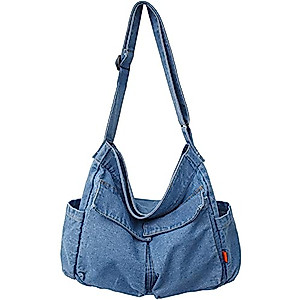 Single Color Denim Canvas Handbag Cross Body Shoulder Purse Bag Tote-Handbag with Pockets Daily Use Large Capacity for Women