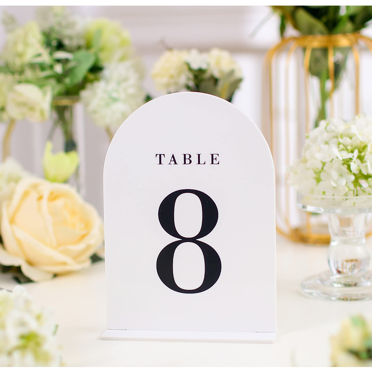 UNIQOOO White Arch Wedding Table Numbers with Stands 1-15, 5x7" Acrylic Signs and Holders, Perfect for Centerpiece, Reception, Decoration, Party, Anniversary, Event