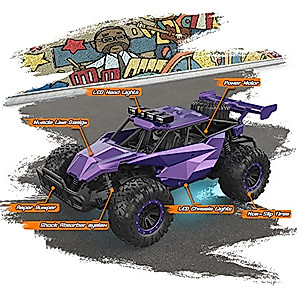 LARVEY 2WD 1:16 Scale Purple Remote Control Car, 20 Km/h High Speed Girls Monster Vehicle with LED Headlights and Chassis Lights, RC Cars for Boys and Adults