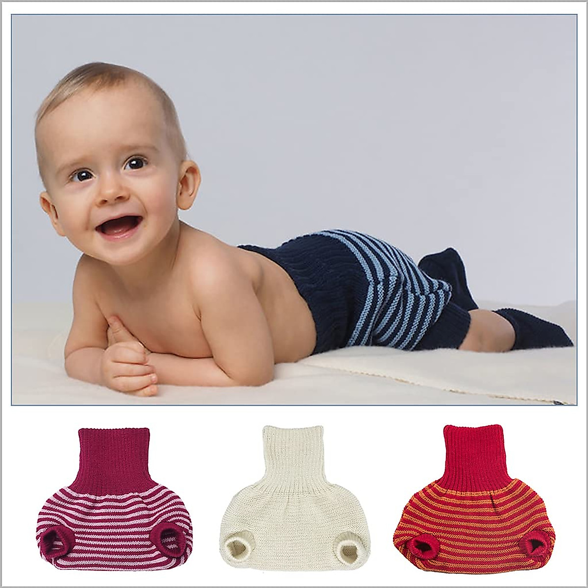 Organic Merino Wool Diaper Cover - Overnight Knit Diaper Cover for Fitted Cloth Diapers and Flats (EU 50-56 | 0-3 Months, Blue/Navy Stripes)