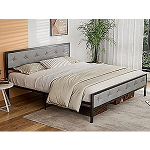 IKIFLY Metal California King Size Bed Frame with Upholstered Linen Headboard Footboard, Mattress Foundation, Heavy Duty Metal Slats, Easy Assembly, No Box Spring Needed - Light Grey/Cal King