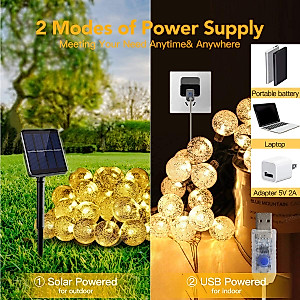 AicooFest Solar String Lights Outdoor Indoor Garden 100 LED 55.8ft Solar USB Powered Waterproof Hanging Crystal Ball Decorative Light for Home, Patio, Party, Outside, Christmas Warm White