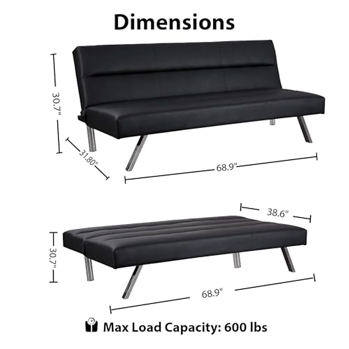 Naomi Home Black Faux Leather Futon Sofa Bed, 66"W x 31"D x 28.3"H, 3-Position Reclining, 500 lbs Weight Capacity