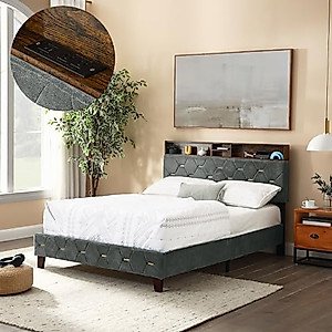 CuisinSmart Queen Size Bed Frame with Headboard,Storage & USB Ports & Outlets,No Box Spring Needed,78.5" x 57",Grey Bed Frame Furniture for Bedroom,Farmhouse,Hotel
