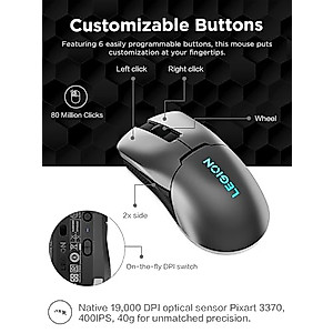 Lenovo Legion M600s RGB Wireless Gaming Mouse – 19,000 DPI, 6 Programmable Buttons, 70 Hours Battery Life, Tri-Mode Connectivity (2.4 GHz, Bluetooth, Wired), (Iron Grey)