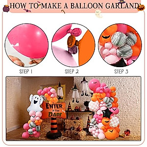 Jobkoo Halloween Balloon Arch BOO Halloween Decor Ghost Star Foil Balloons Pink Orange Latex Balloon Garland Kit 3D Bat Sticker for Kids Happy Halloween Themed Baby Shower Birthday Party Decoration