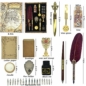 SCHOWE Feather Quill Writing Pen Wooden Dip Calligraphy Pen and Ink Set (Crown Red)