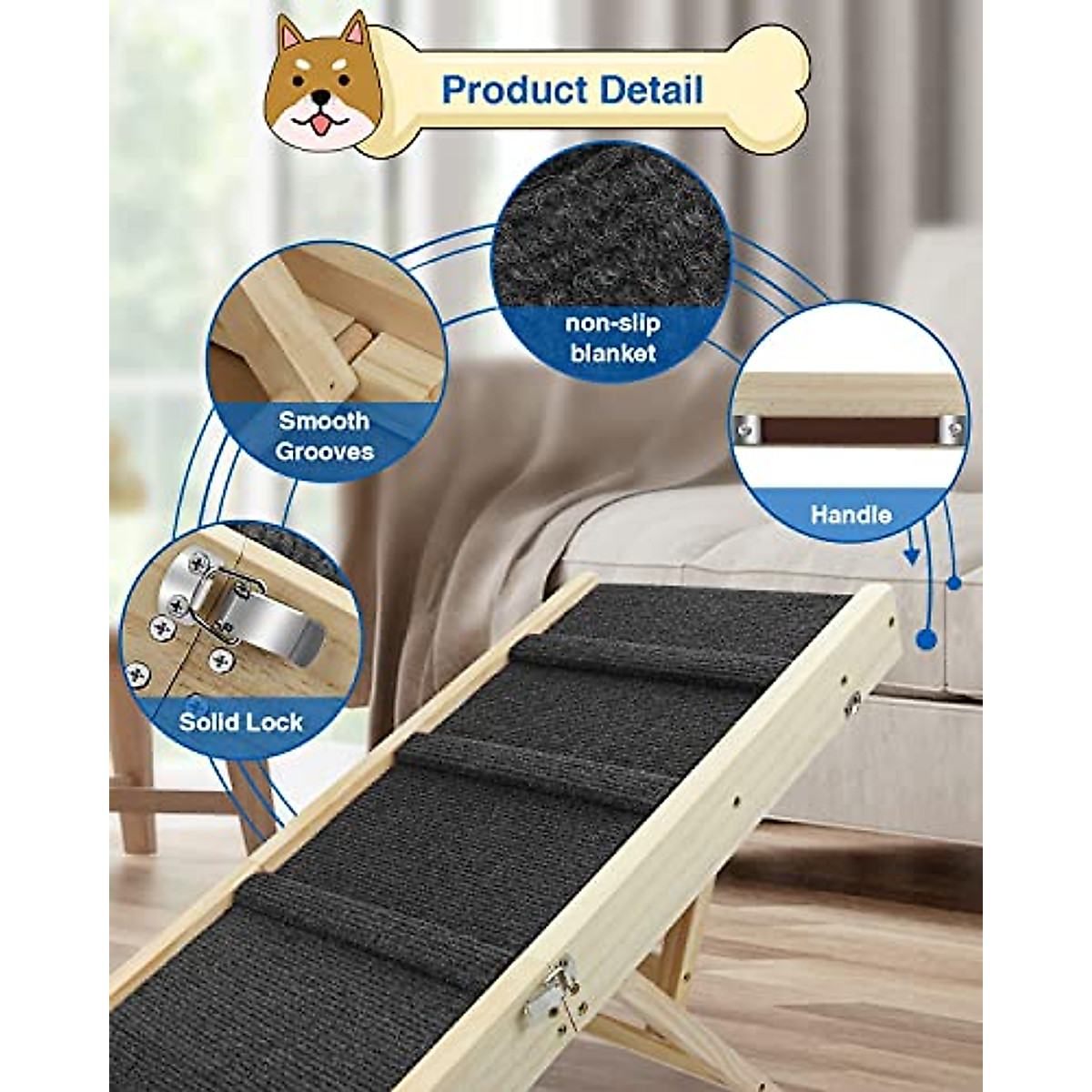 TNELTUEB Adjustable Dog Ramp, Wooden Folding Portable Pet Ramp,Rated for 30 LBS, 32.6" Long and Adjustable from 10" to 19" with Non-Slip Traction Mat, Dog Step for Bed, Couch,Car (Grey)