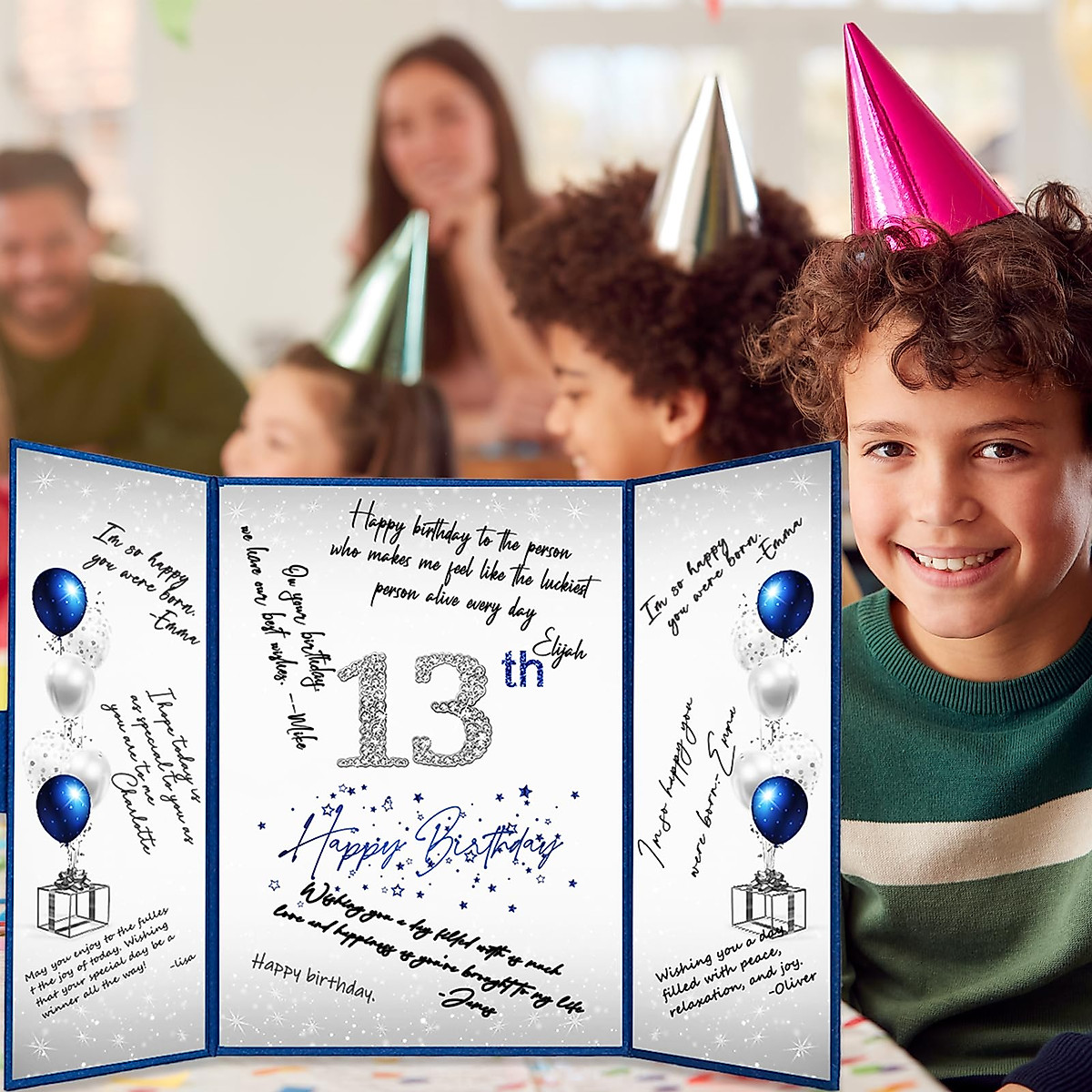 Crenics 13th Birthday Decorations for Boy or Girls, Creative 13th Birthday Guest Book Alternative, Blue and Silver 13 Birthday Signature Book 18 x 12 inch, Great 13 Birthday Gifts