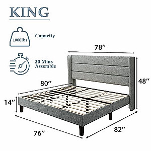 Feonase King Size Upholstered Platform Bed Frame with Wingback Headboard, Minimalist Mattress Foundation with Wooden Slats Support, Noise Free, No Box Spring Needed, Easy Assembly
