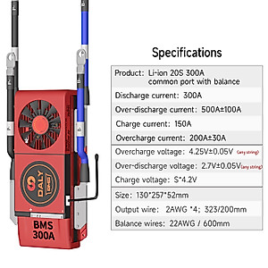 DALY BMS Li-ion 72V 300A BMS 20S Protection Board with Cooling Fan Balance Wire for Self Built Solar Panel Energy DIY Electricity Supply System(Standard BMS,300A Fan)