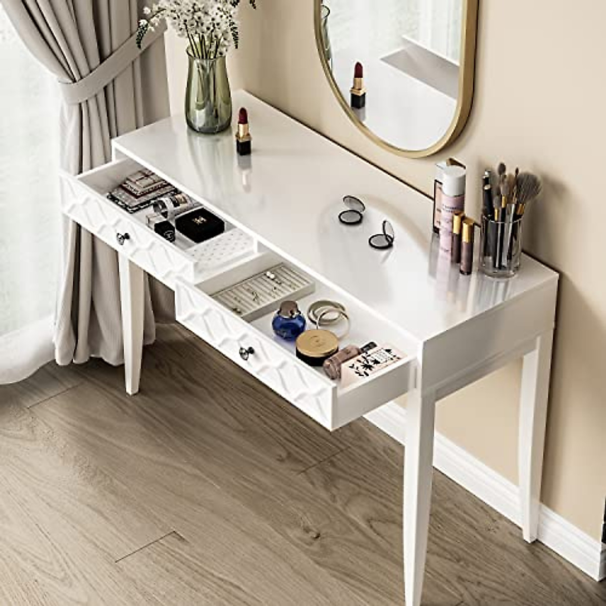 White Vanity Desk with Drawers, Wood Home Office Desk Modern Simple Makeup Vanity Table, 43 Inch Entryway Console Table