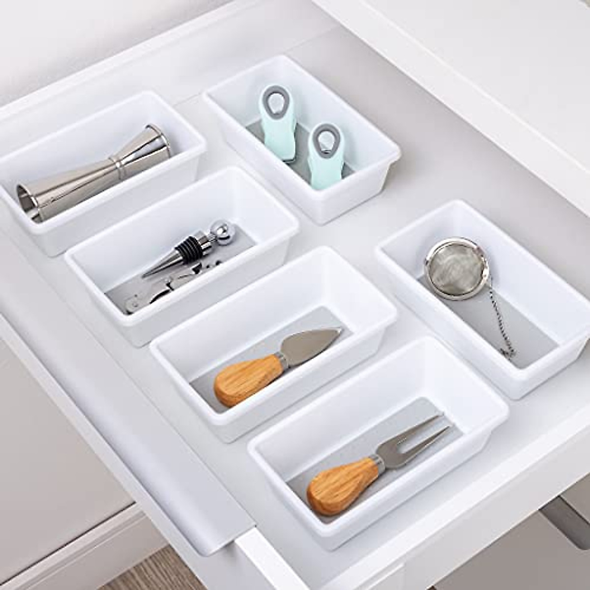 Smart Design Plastic Drawer Organizer - Set of 3-6.75 x 3.75 Inch - Non-Slip Lining and Feet - BPA Free - Utensils, Flatware, Office, Personal Care, or Makeup Storage - Kitchen - White with Gray