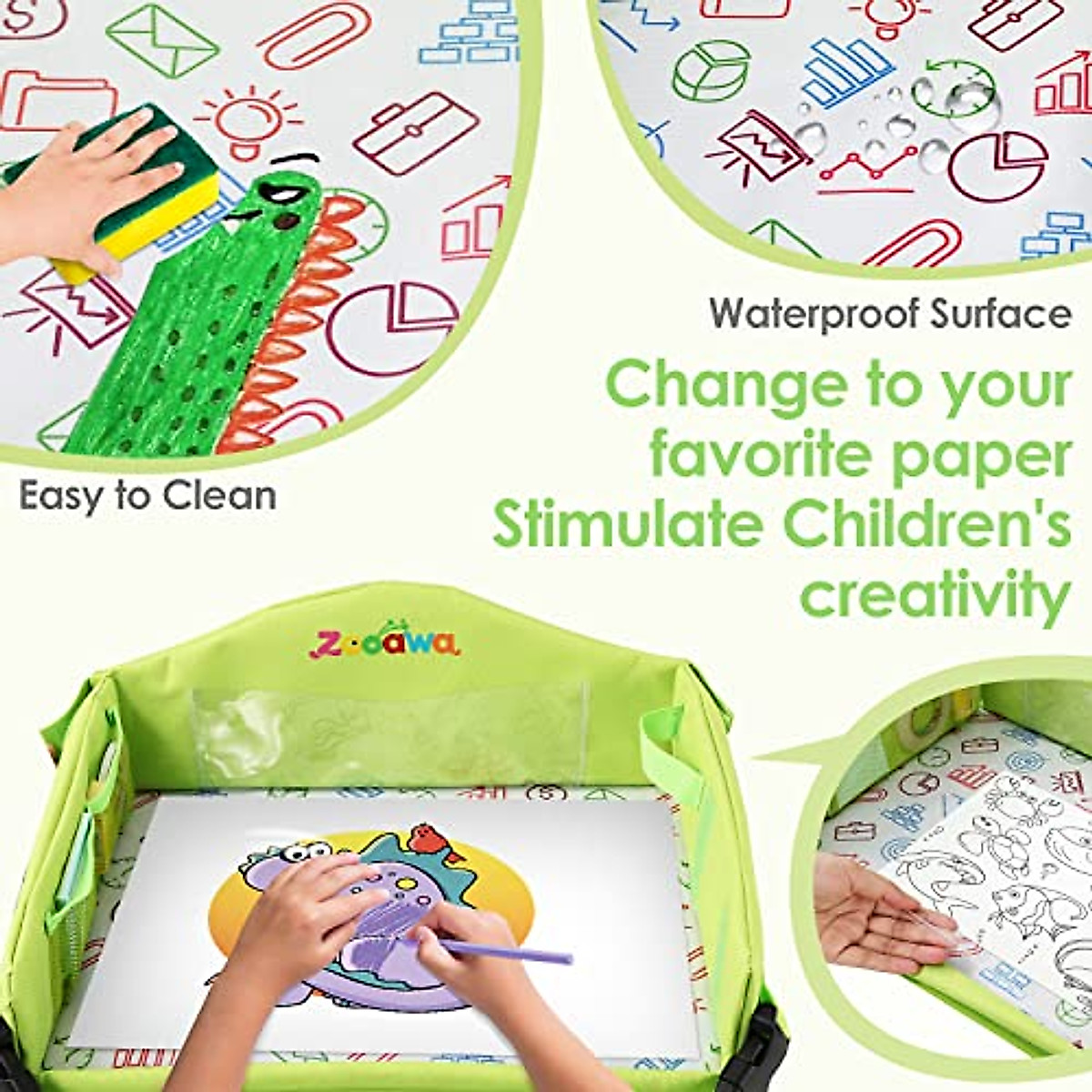 Zooawa Kids Travel Tray, Car Seat Tray for Kids Toddlers Car Seat, Toddler Car Seat Lap Tray, Road Trip Essentials Activity Table, Carseat Table Tray for 36M+ Kids Road Trip Activities, Green