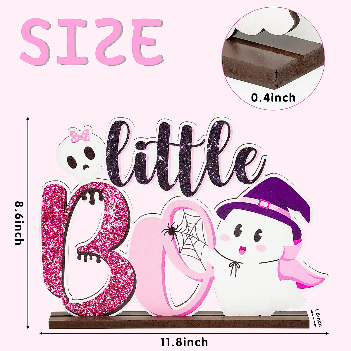 AwserTantue Little Boo Baby Shower Wooden Table Centerpiece, Halloween Glitter Pink and Black Wood Letter Sign for Halloween Party Kids Birthday Baby Shower Gender Reveal Party Decoration Photo Props