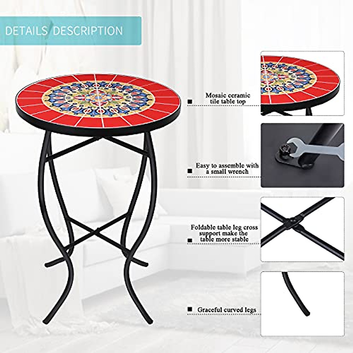 VCUTEKA Mosaic Outdoor Side Table - Small Patio Table Coffee Table Outside Accent Table Round End Plant Table for Bistro Balcony Porch Outdoor Benches 14'' Mosaic Table Red