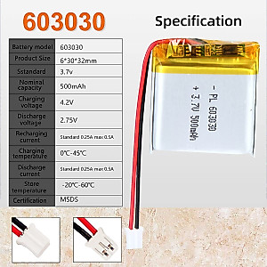 AKZYTUE 3.7V 500mAh 603030 Lipo battery Rechargeable Lithium Polymer ion Battery Pack with PH2.0mm JST Connector