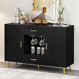 YITAHOME Sideboard Buffet, Buffet Cabinet Storage Credenza w/Adjustable Shelf, Wine Glass Holder, Drawers, Modern White & Gold Dresser 300 lbs Capacity for Living Room, Kitchen, Dining Room, Black