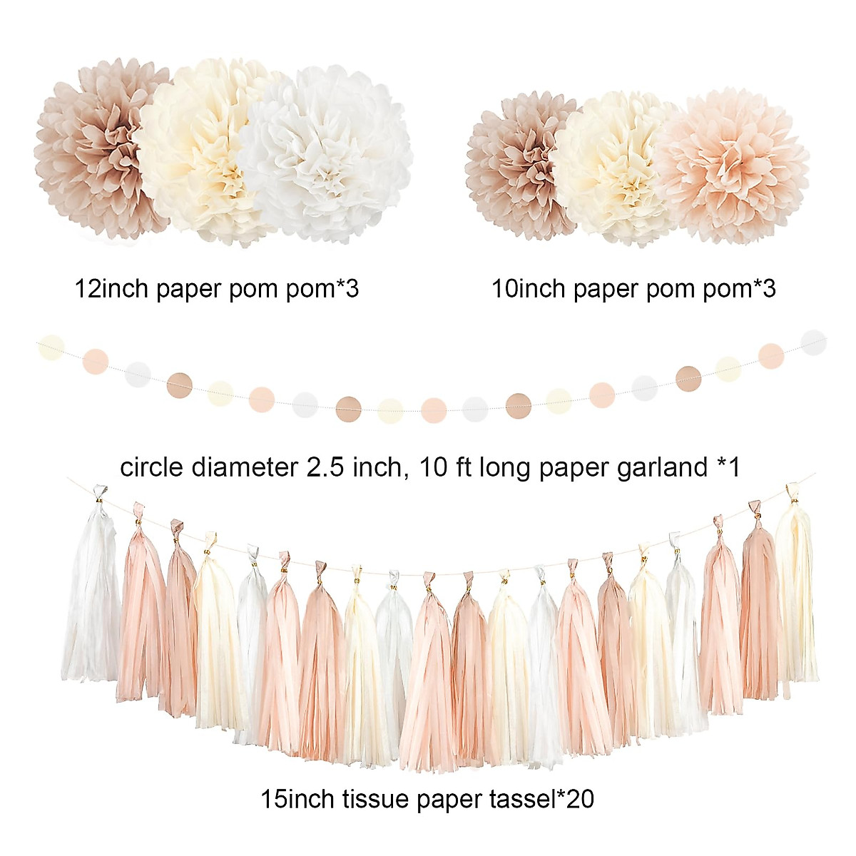 NICROHOME Boho Bridal Shower Decorations, Rustic Neutral Creamy White Tissue Paper Pom Poms Tassel, Dots Paper Garland Decorations Packages for Wedding Baby Shower Birthday Party Table Decorations