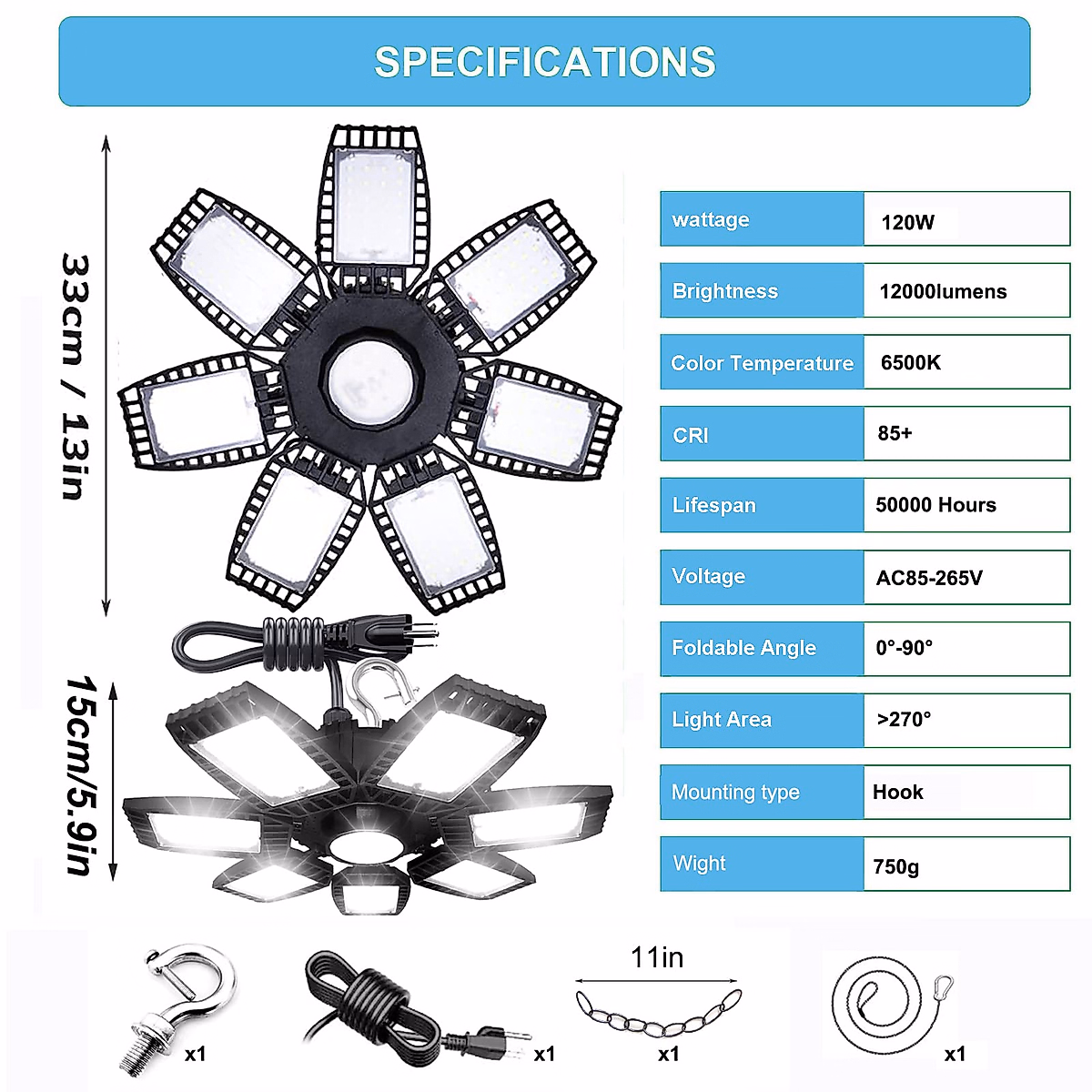 CODAFUL High Bay Light Led UFO Lights350W 49000LM (Eqv. to 1500W HPS/MH) with US Plug 5ft Cable 85-277V, IP65 Warehouse Residential, Barn, Factory, Workshop Shop Lighting (Black, 120W)