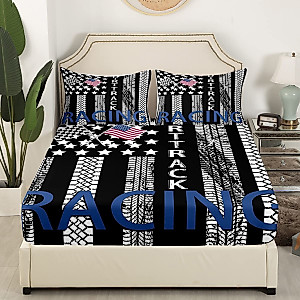 Erosebridal American Flag Sheet Set,Dirt Racing Track Bed Sheets Queen for Kids Boys Teens,Black White Grunge Star Stripe Bedding Set,Grunge Extreme Sports Fitted Sheet + Flat Sheet + 2 Pillowcases