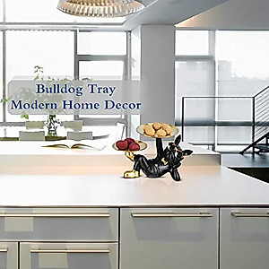 Resin Bulldog Storage Tray Key Candy Jewelry Earrings Tray, 2 Metal Trays Animal Sculpture Table Decoration French Bulldog Figurine Sculptures for Home Decor Living Room Office Fun Ornament (Black)