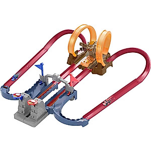 Hot Wheels Mario Kart Bowser’s Castle Chaos Modular Track with Side by Side Racing Lap Flags and Bowser Figure Connects to Other Sets Gift idea for Ages 3 Years and Older