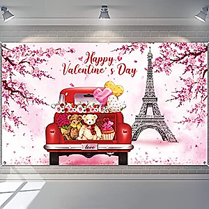 72.83 x 43.31 inch Valentine's Day Backdrop Banner Happy Valentine's Day Photography Props Backdrop Large Fabric Pink Flowers Trees Paris Eiffel Tower Banner for Valentines Party Supplies and Decor