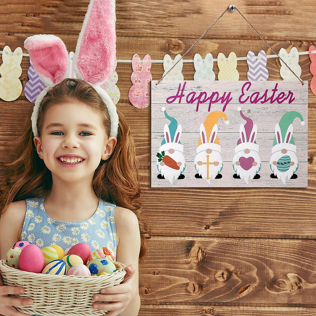 2 Pieces Happy Easter Wooden Sign Easter Hanging Wood Decor Easter Welcome Door Sign Gnome Bunny Eggs Wood Easter Decorations for Home Garden Spring Party, 12 x 7.8 Inch