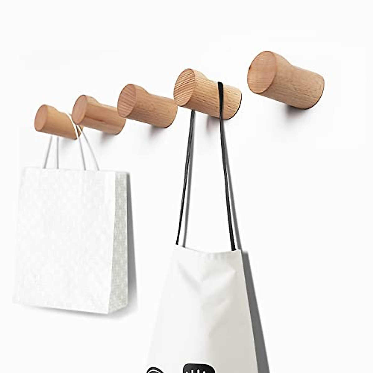 DIGHEIGG Wood Coat Rack Wall Mount, Wall Hooks Boho Wall Decor Aesthetic, Heavy Duty Coat Hooks Wall Mounted for Hat Towel Purse Robes Mudroom Entryway (Beech Wood, 5 Pack)