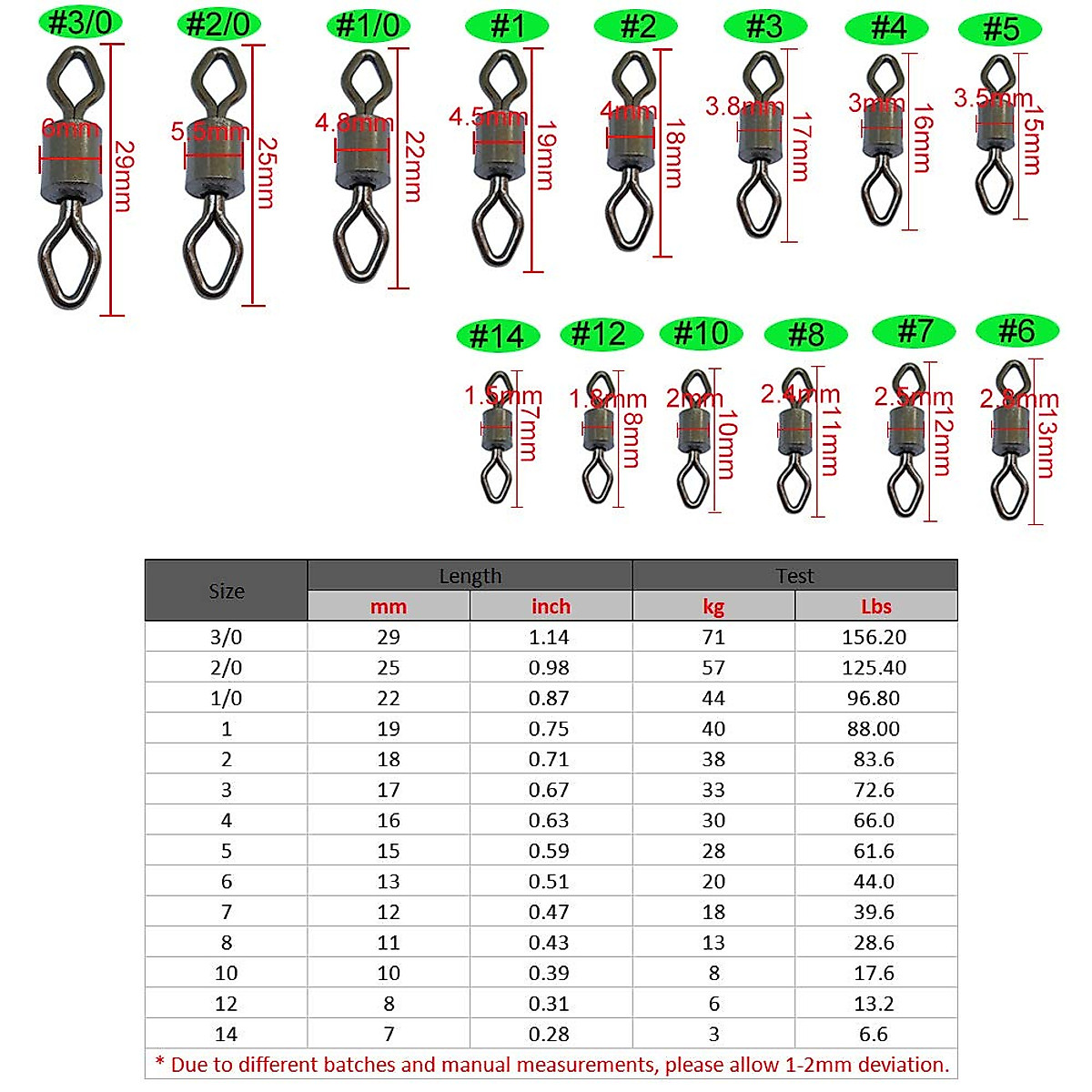 Unclesport 100 PCS Fishing Rolling Swivels Diamond Eye High Speed Saltwater Freshwater Ice Fishing Tool Bass Fishing Gear 3/0#-Length/Rated:1.14"/156LB