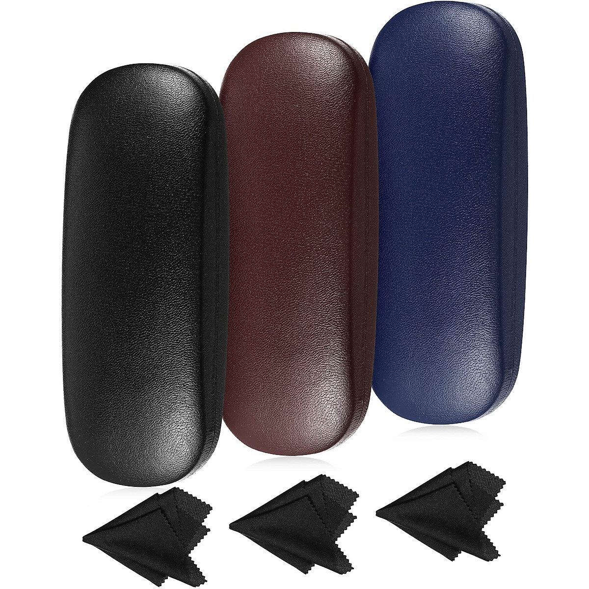 Frienda 3 Pieces Hard Glasses Case Reading Eyeglass Case Protective Sunglasses Case with Cleaning Cloth for Men Women Unisex(Blue, Brown, Black)