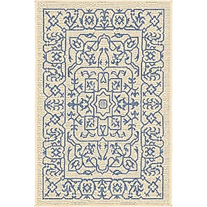 Unique Loom Outdoor Botanical Collection Area Rug - Allover (2' 2" x 3' 1" Rectangle, Beige and Blue/ Blue)