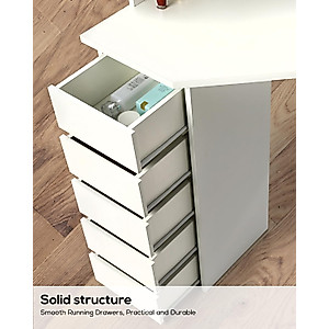 VOWNER Vanity Desk with Mirror and Lights - Vanity with 3 Lighting Options, Adjustable Brightness, Vanity Set with 5 Sliding Drawers, Shelves and Vanity Stool, Corner Vanity for Women Girls, White 43"