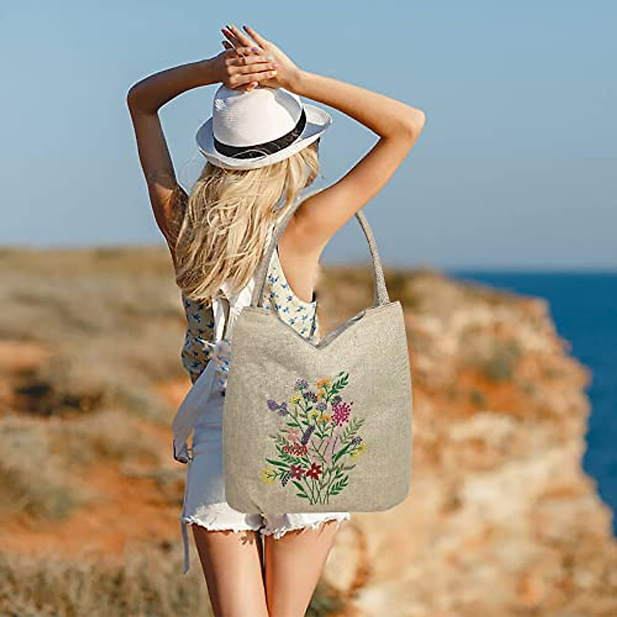 HCRAFT Embroidered Handbags for Women, Large Colorful Flower Shoulder Tote Bag with Zipper,13.8x6.3x14.5, Fabric Tote Bag, Hobo Bags For Women, Mother's Day Bag, Tote Bag Aesthetic with Inner Pocket