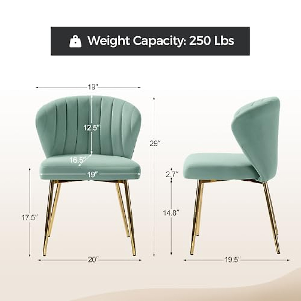 HULALA HOME Velvet Dining Chairs, Modern Small Armless Accent Chair with Gold Metal Legs, Living Room Upholstered Cute Side Chair, Elegant Tufted Back Vanity Chair for Bedroom/Beauty Room-SAGE