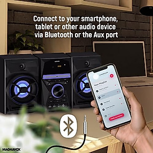 Magnavox MM441 3-Piece CD Shelf System with Digital PLL FM Stereo Radio, Bluetooth Wireless Technology, and Remote Control in Black | Blue Colored Speaker Lights | LED Display | AUX Port Compatible |