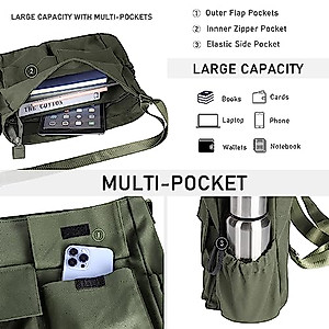 Canvas Messenger Bag Crossbody Shoulder Bag for Men and Women Vintage Tote Laptop Bag Large Hobo Bag with Multiple Pockets (Army Green)
