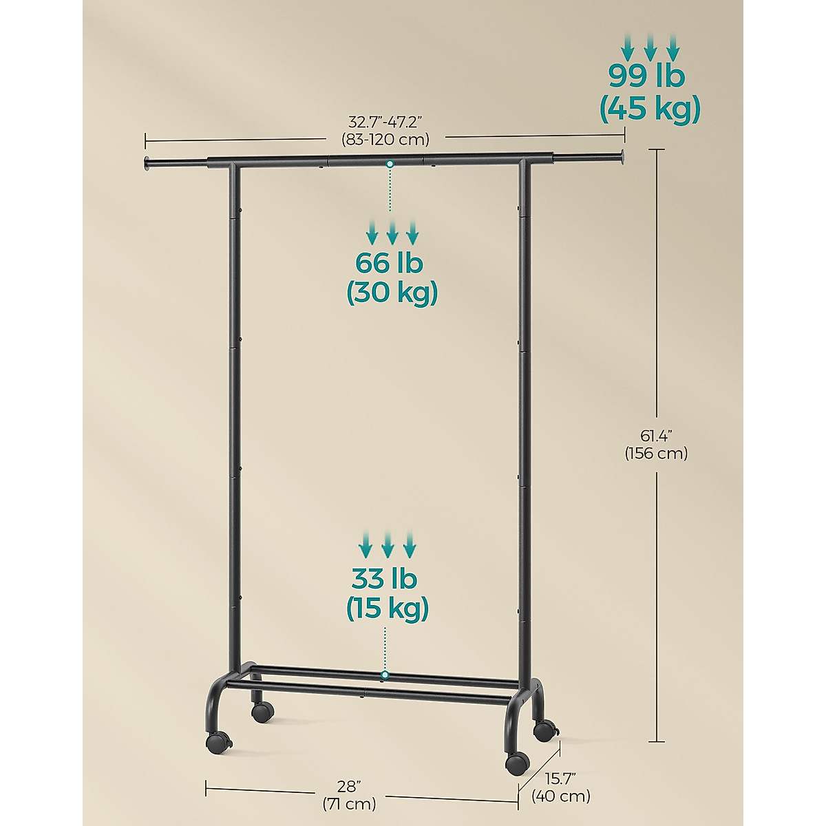 SONGMICS Clothes Rack, Clothing Rack for Hanging Clothes with Wheels, Garment Rack with Extendable Hanging Rail, 99 lb Total Max. Load, 15.7” x 32.7”-47.2” x 61.4”, Ink Black UHSR134B01