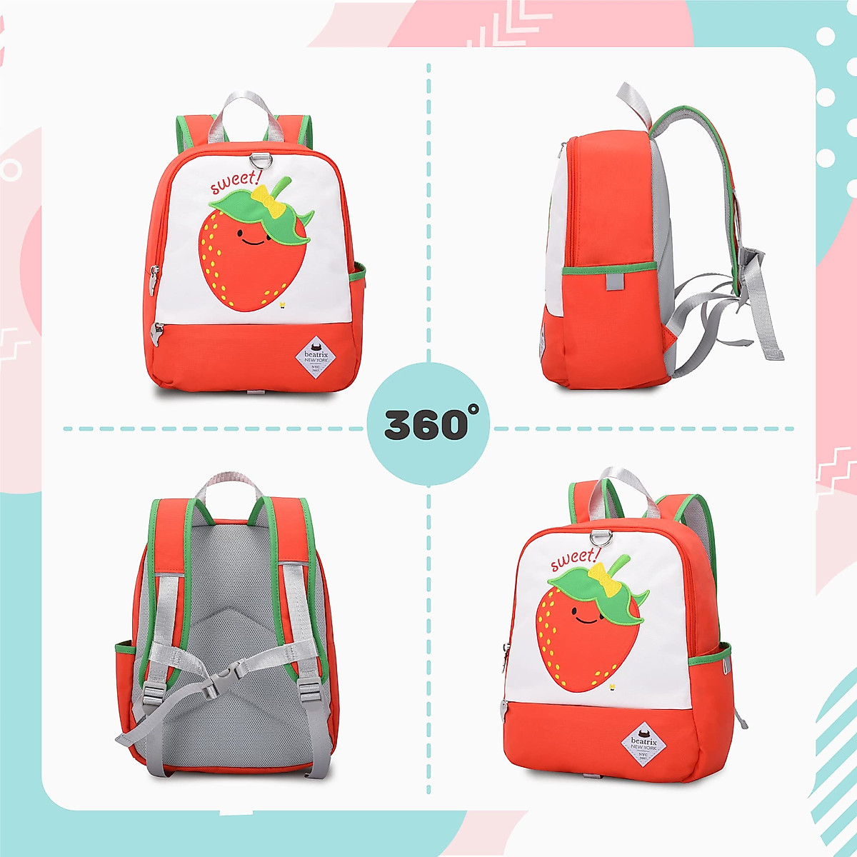 Beatrix New York - Toddler & Kids 11.5" Backpack Bag with Removable Leash for Girls & Boys (STRAWBERRY), Ideal for Preschool & Kindergarten Back to School