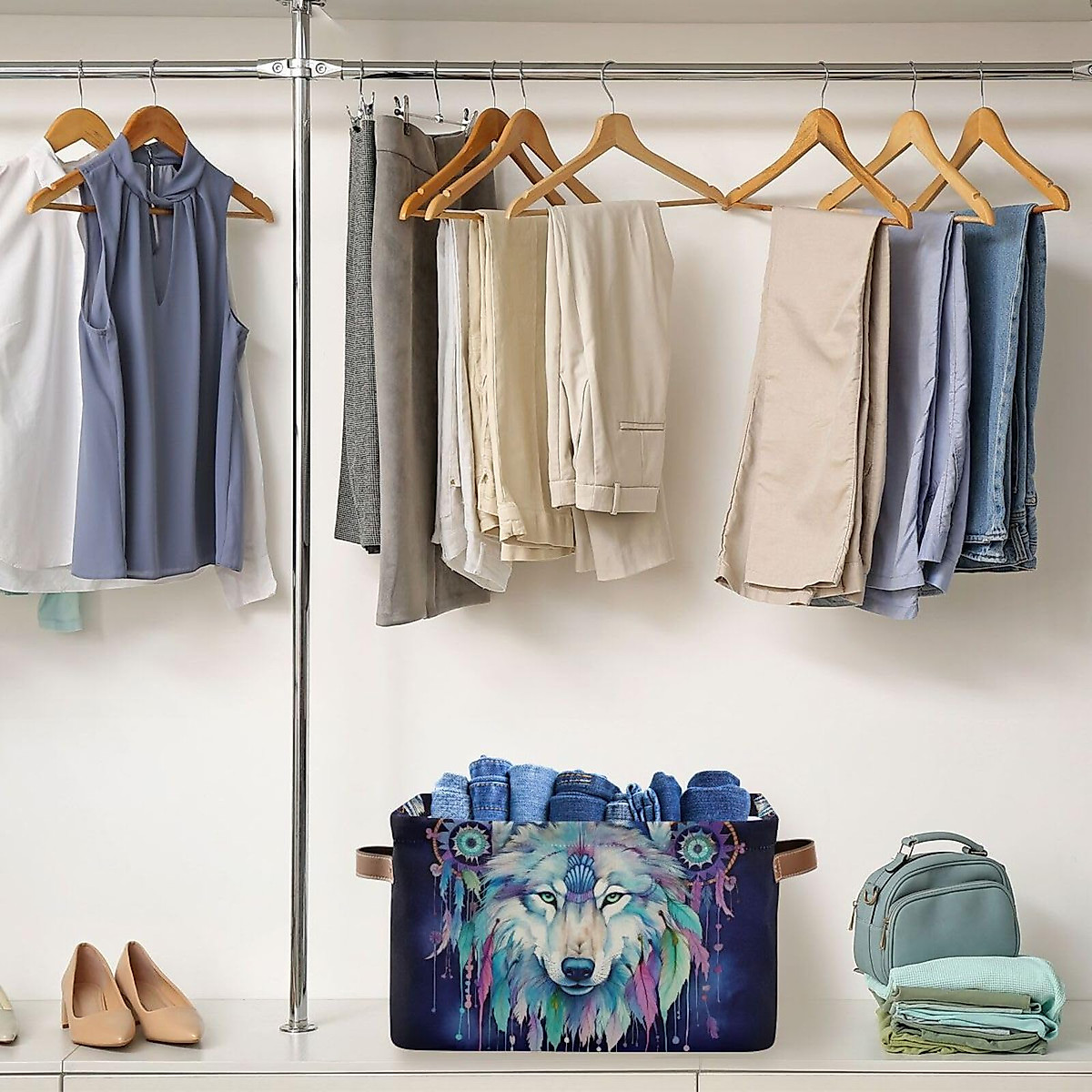 KJIZMO Wolf and Dream Catcher Foldable Storage Basket for Shelves, Collapsible Sturdy Storage Bin with Handles, Canvas Storage Cube for Organizing Closet 1PC