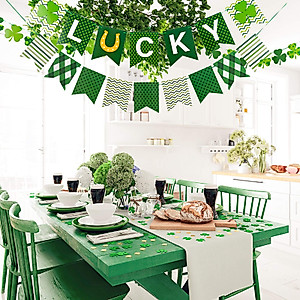 Whaline 4pcs St. Patrick's Day Banner Decoration Pre-Assembled Cartoon Holiday Flag Garland Double-Sided Green Lucky Shamrock Clover Banner Spring Irish Home Party Supplies