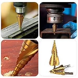 3Pcs HSS Spiral Step Drill Bit Set, 1/4" Hex Shank High Speed Steel Titanium Coated Cone Hole Cutter Bit with Automatic Center Punch for Drilling Plate Aluminum Metal Wood Hole (4-12mm/4-20mm/4-32mm)