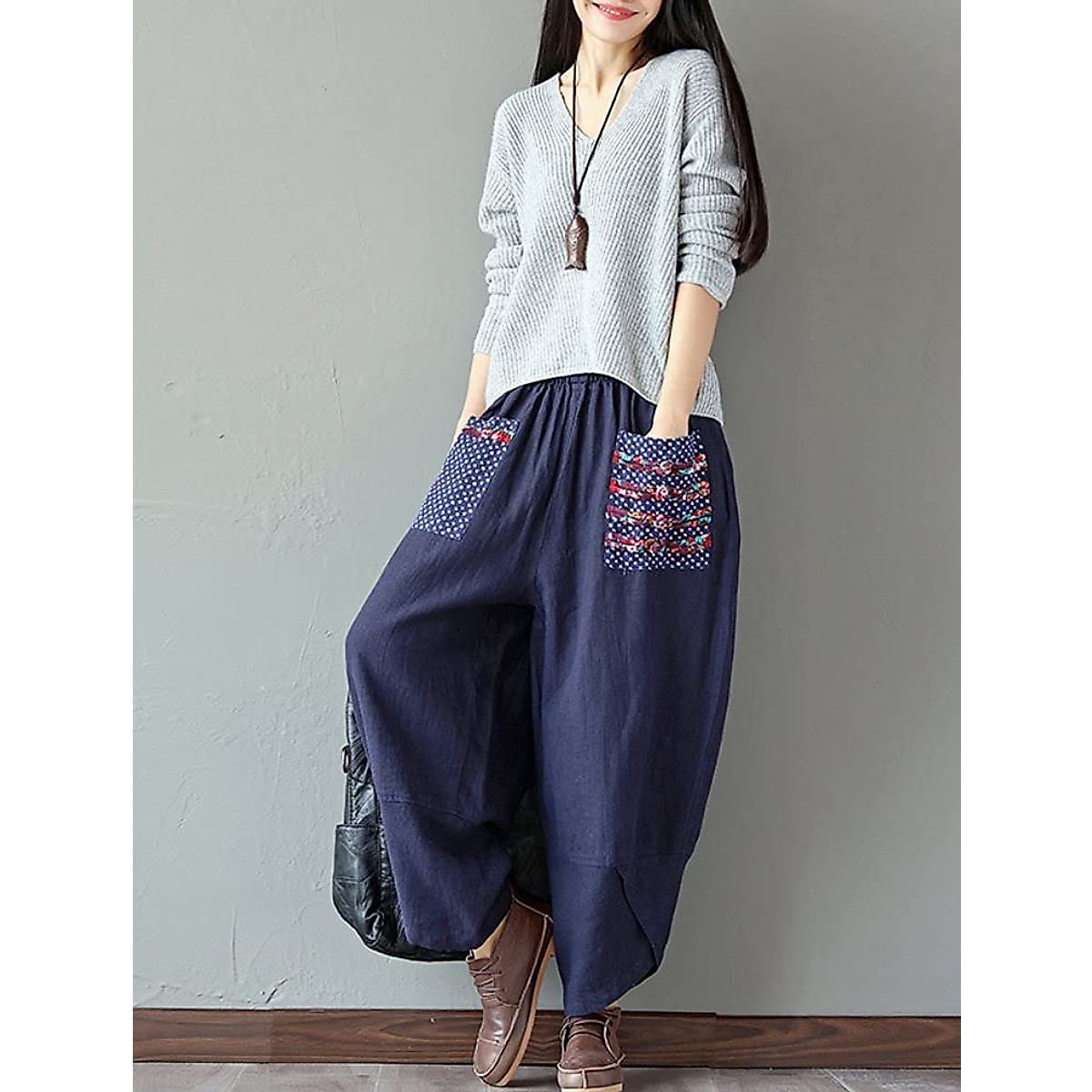 Minibee Women's Baggy Linen Wide Leg Trousers Casual Patchwork Elastic Waist Harem Pants Navy Blue 2XL