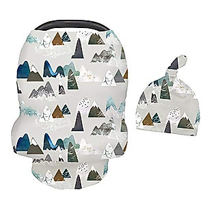 Baby Carseat Cover with Beanie, Adventure Mountain Infant Carseat Canopy for Boys Girls, Nursing Cover Breastfeeding Scarf for Mom, for Stroller High Chair Shopping Cart