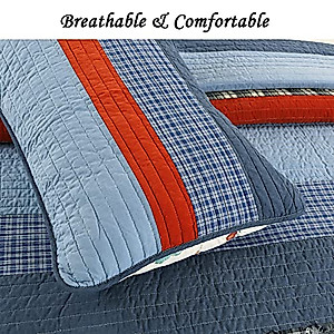 Cozy Line Home Fashions Navy Blue Red Striped Boy 100% Cotton Reversible Quilt Bedding Set, Reversible Coverlet, Bedspread (Varsity, Queen - 3 Piece)