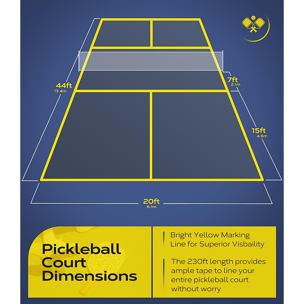 HolderProf Sports Pickleball Court Tape, 2in x 230FT - Pickleball Tape for Indoor Outdoor Court Lines Marking Kit | Bright Yellow