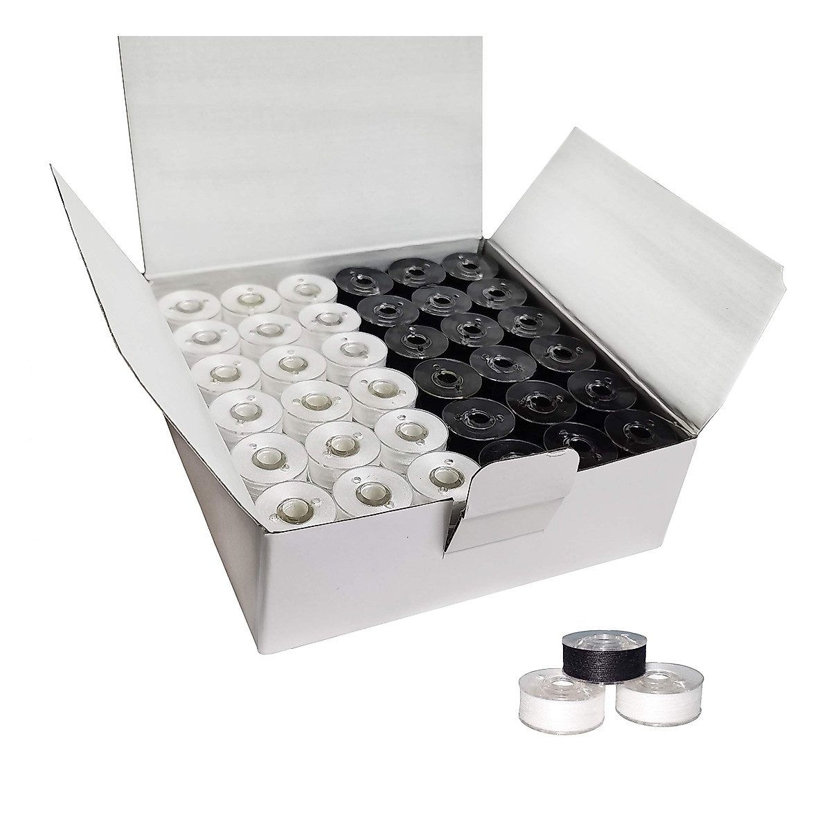 HimaPro 144 Prewound Bobbins for Embroidery Machines Size L (SA155) Good for Brother, Babylock, Janome, Bernina, Husqvarna, Pfaff Embroidery Machines Etc (Plastic Sided Black & White) - 50 Weight