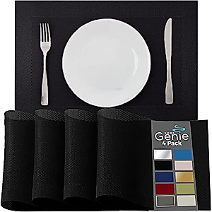 Home Genie Placemat Set of 4 Protect Surface Heat and Stain Resistant Dinner Mats, Wipeable Food Grade Place Mats, Woven Vinyl Plates for Kitchen, Dining Room Table Décor Accessories 18”x12” Black